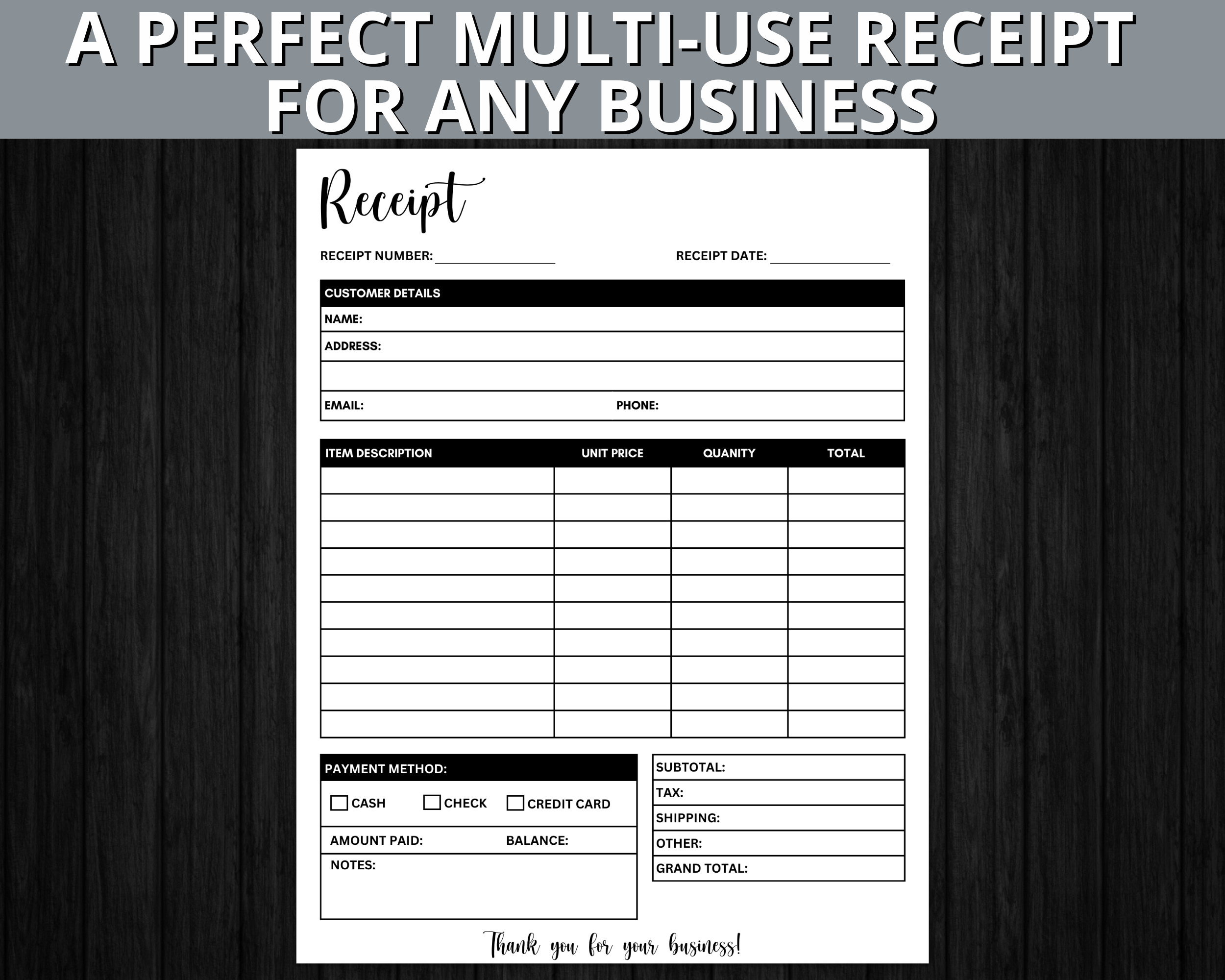 Editable Receipt Template, Customer Receipt Template, Order Receipt ...
