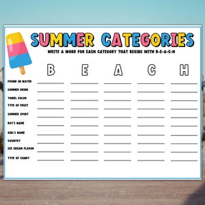 Summer Categories Game, Printable Summer Game for Kids & Adults, Summer ...