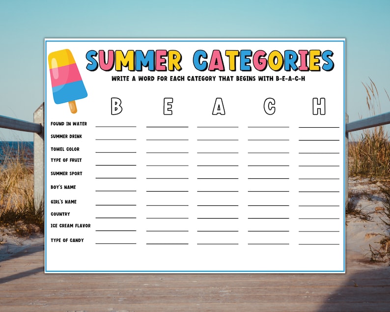 Summer Categories Game, Printable Summer Game for Kids & Adults, Summer ...