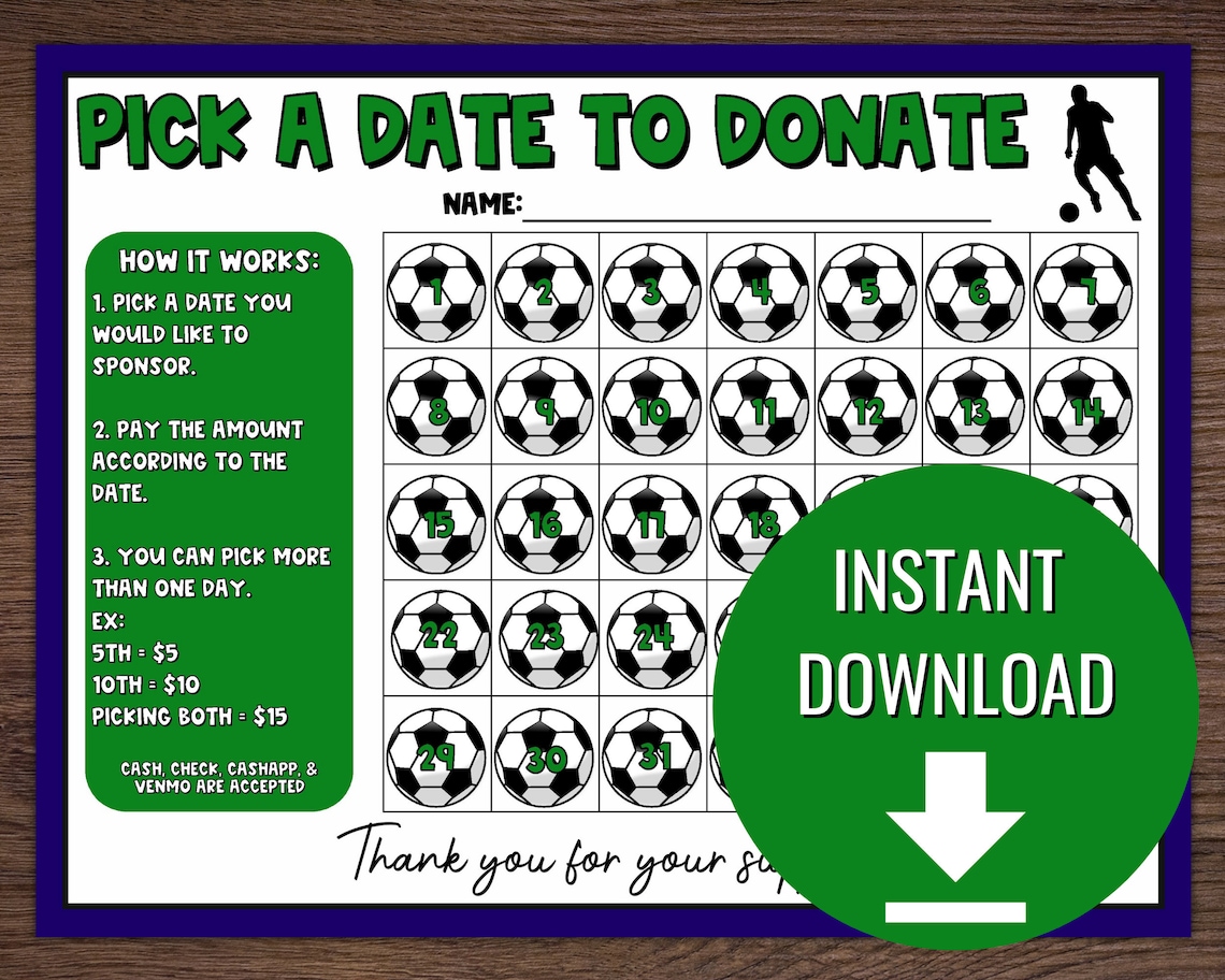 Soccer Calendar Fundraiser, Pick a Date to Donate Printable, Soccer ...