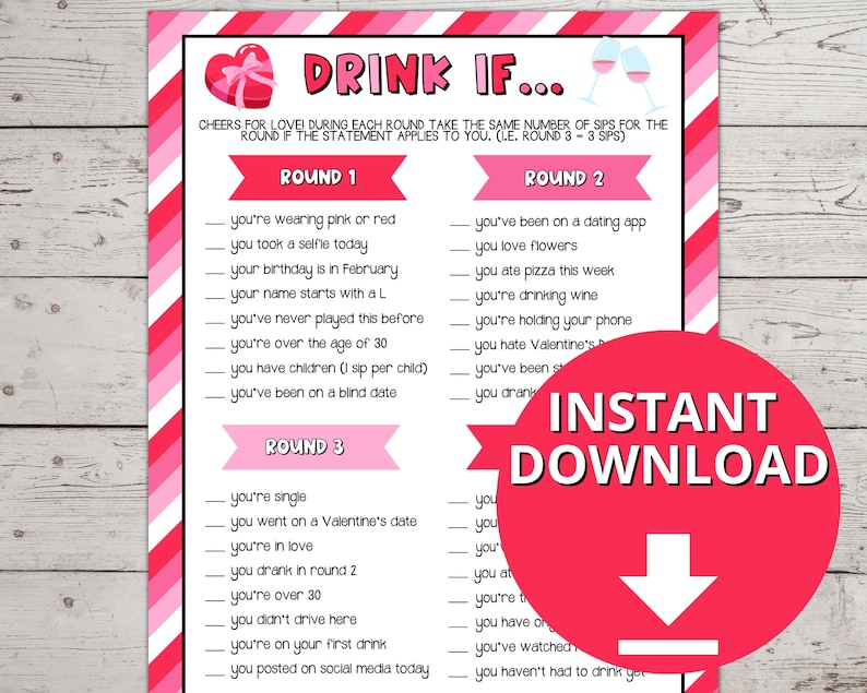 Valentine's Day Drink If Game, Adult Galentine's Day Drinking Game ...