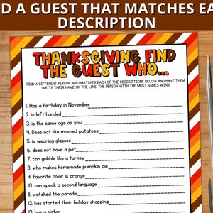 Thanksgiving Find the Guest Who Game Adult Thanksgiving Party - Etsy