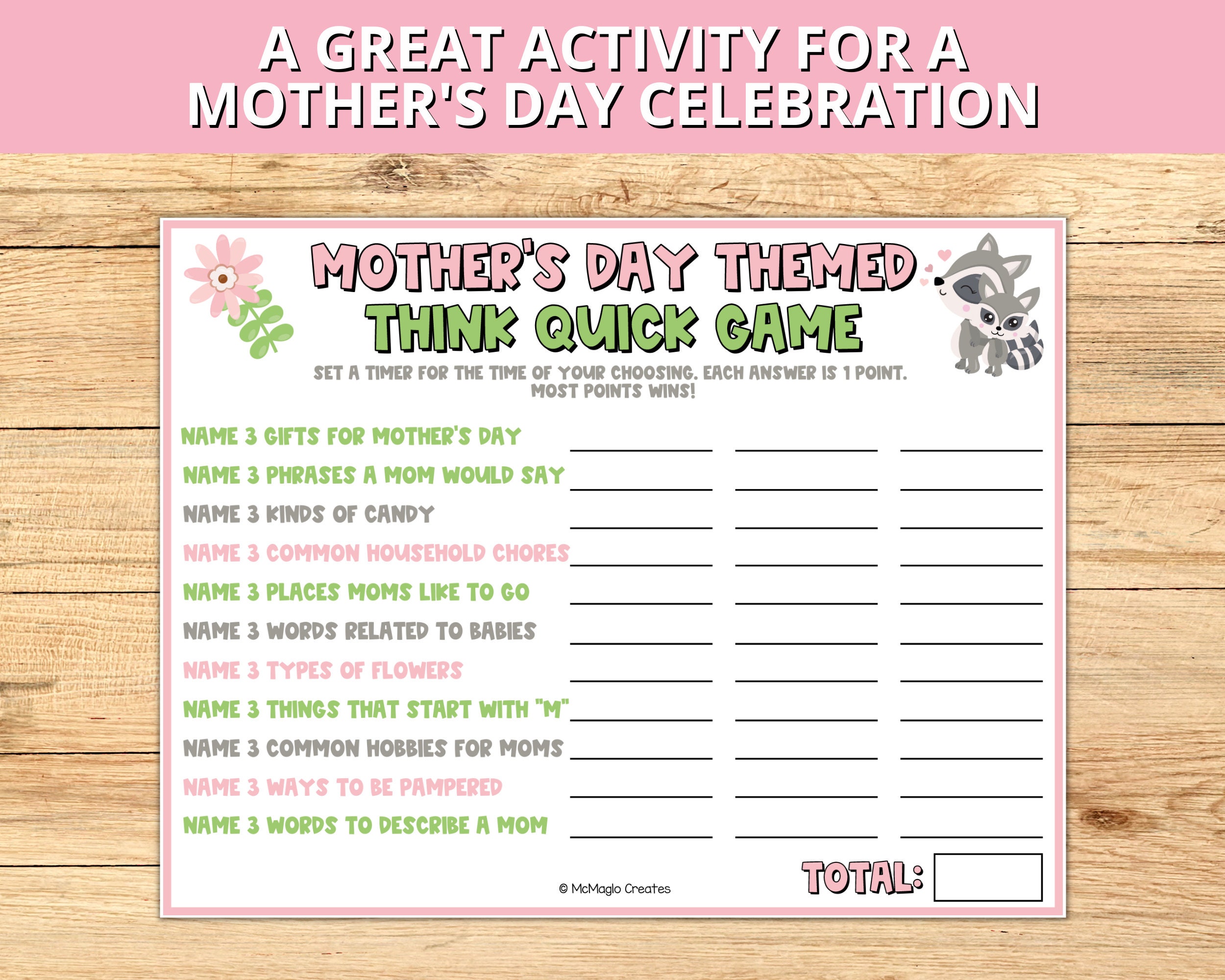Mother's Day Themed Think Quick Game, Mother's Day Trivia Game, Mother ...