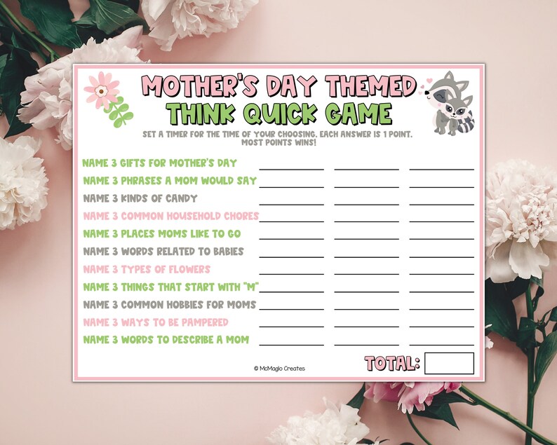 Mother's Day Themed Think Quick Game, Mother's Day Trivia Game, Mother ...