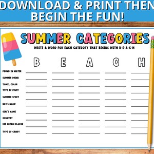 Summer Categories Game, Printable Summer Game for Kids & Adults, Summer ...