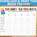 Summer Categories Game, Printable Summer Game for Kids & Adults, Summer ...