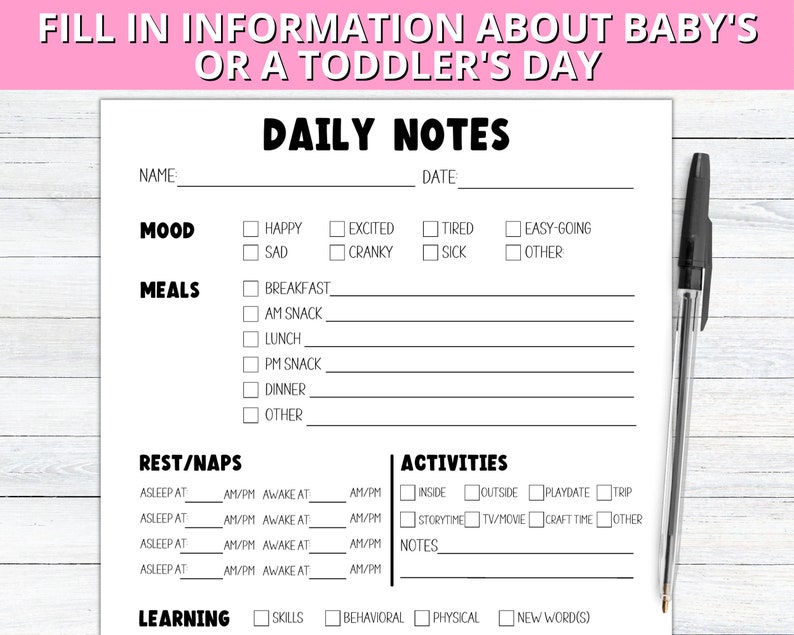 Infant Daily Log Printable, Baby Daily Log and Notes, Infant Daily ...