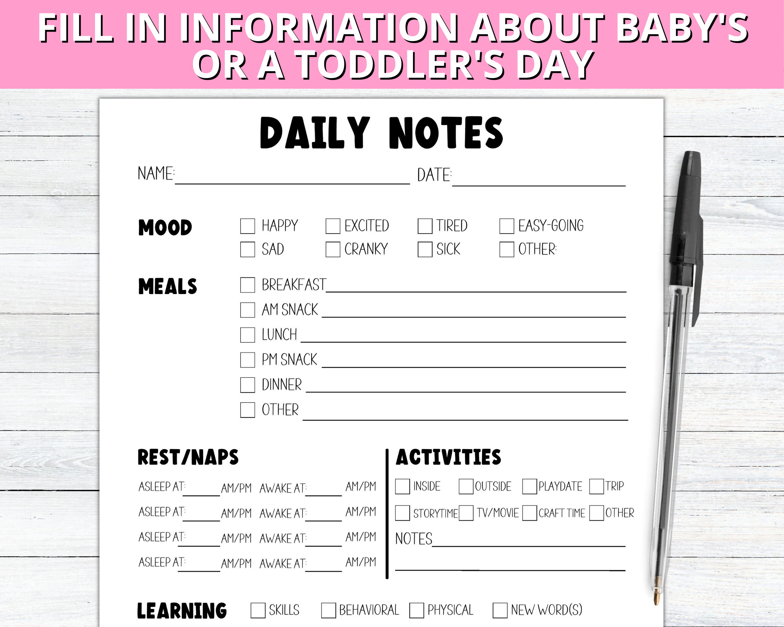 Infant Daily Log Printable, Baby Daily Log and Notes, Infant Daily ...