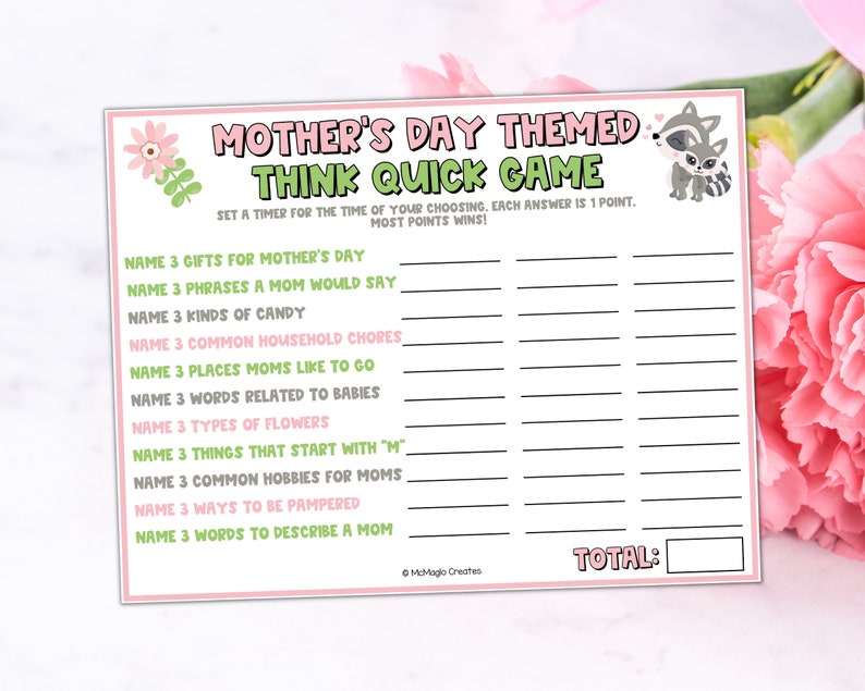 Mother's Day Themed Think Quick Game, Mother's Day Trivia Game, Mother ...