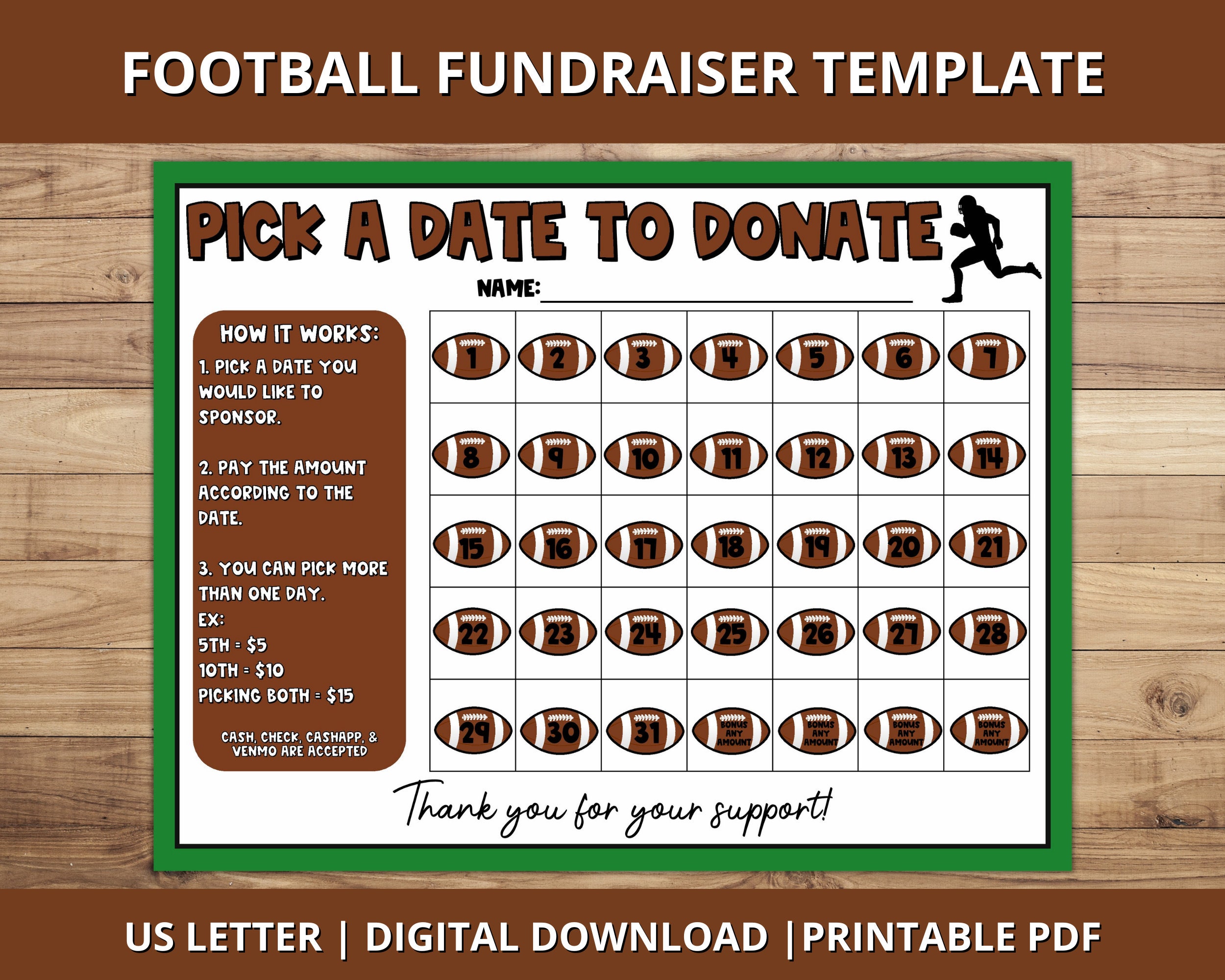 Football Calendar Fundraiser, Pick a Date to Donate Printable, Football ...