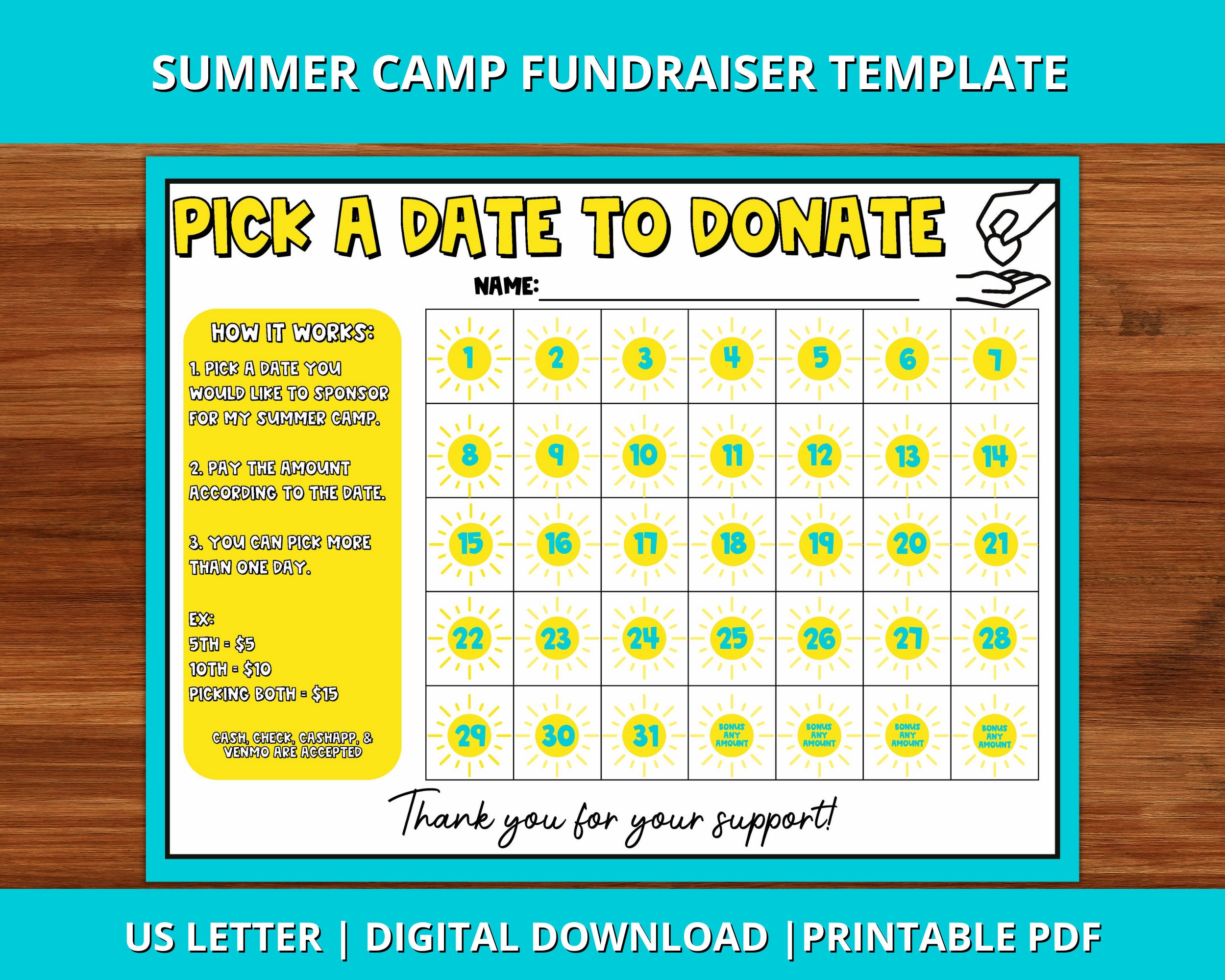 Summer Camp Calendar Fundraiser, Pick a Date to Donate Printable ...