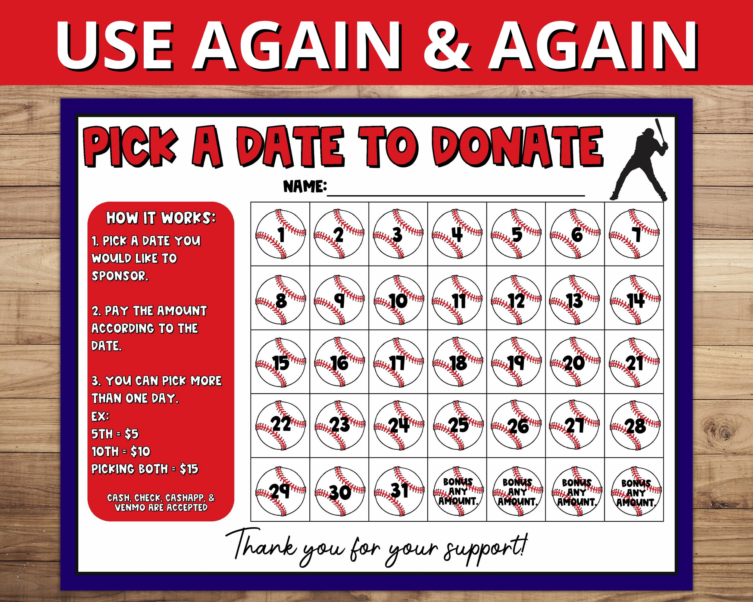 Baseball Calendar Fundraiser, Pick a Date to Donate Printable, Baseball ...
