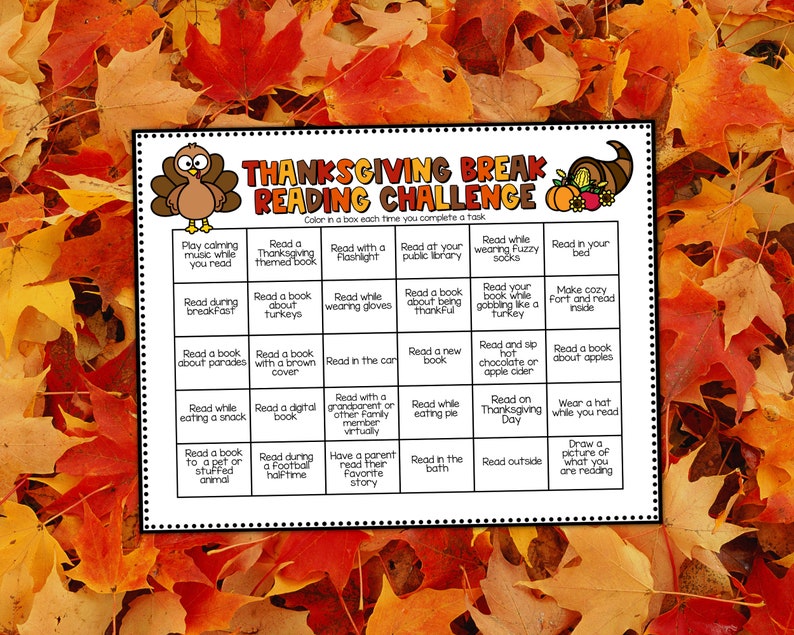 Thanksgiving Break Reading Challenge for Kids, Reading Printable ...