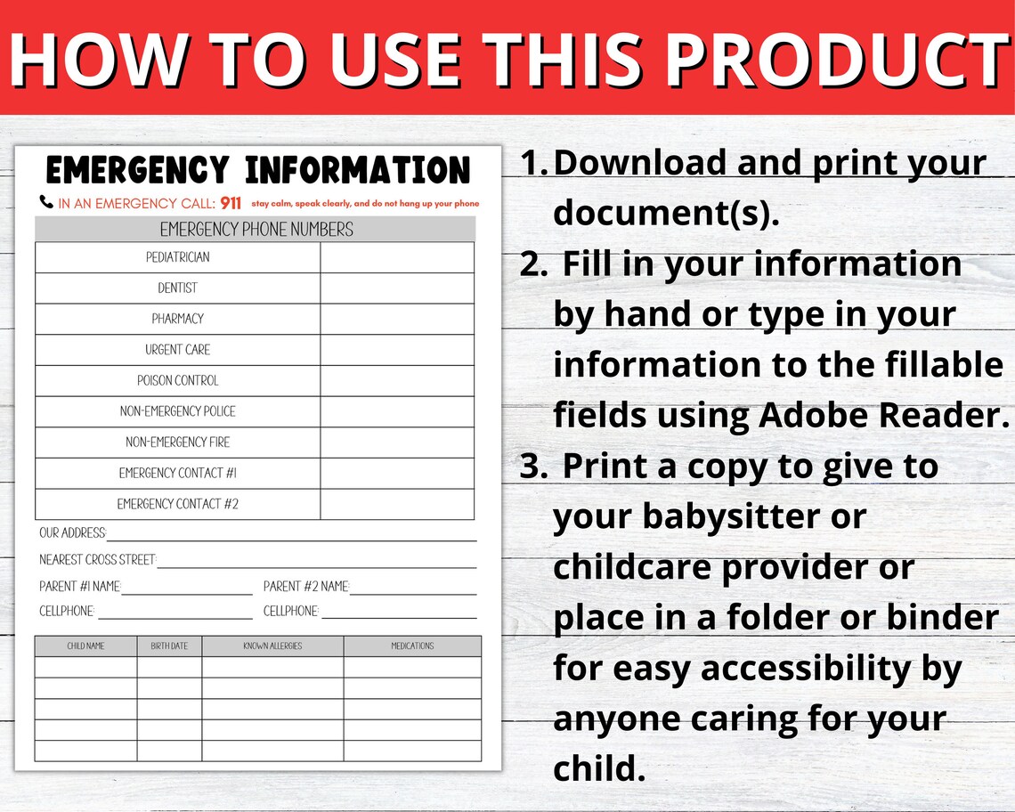 Child Care Emergency Contact Information Sheet Incase of - Etsy