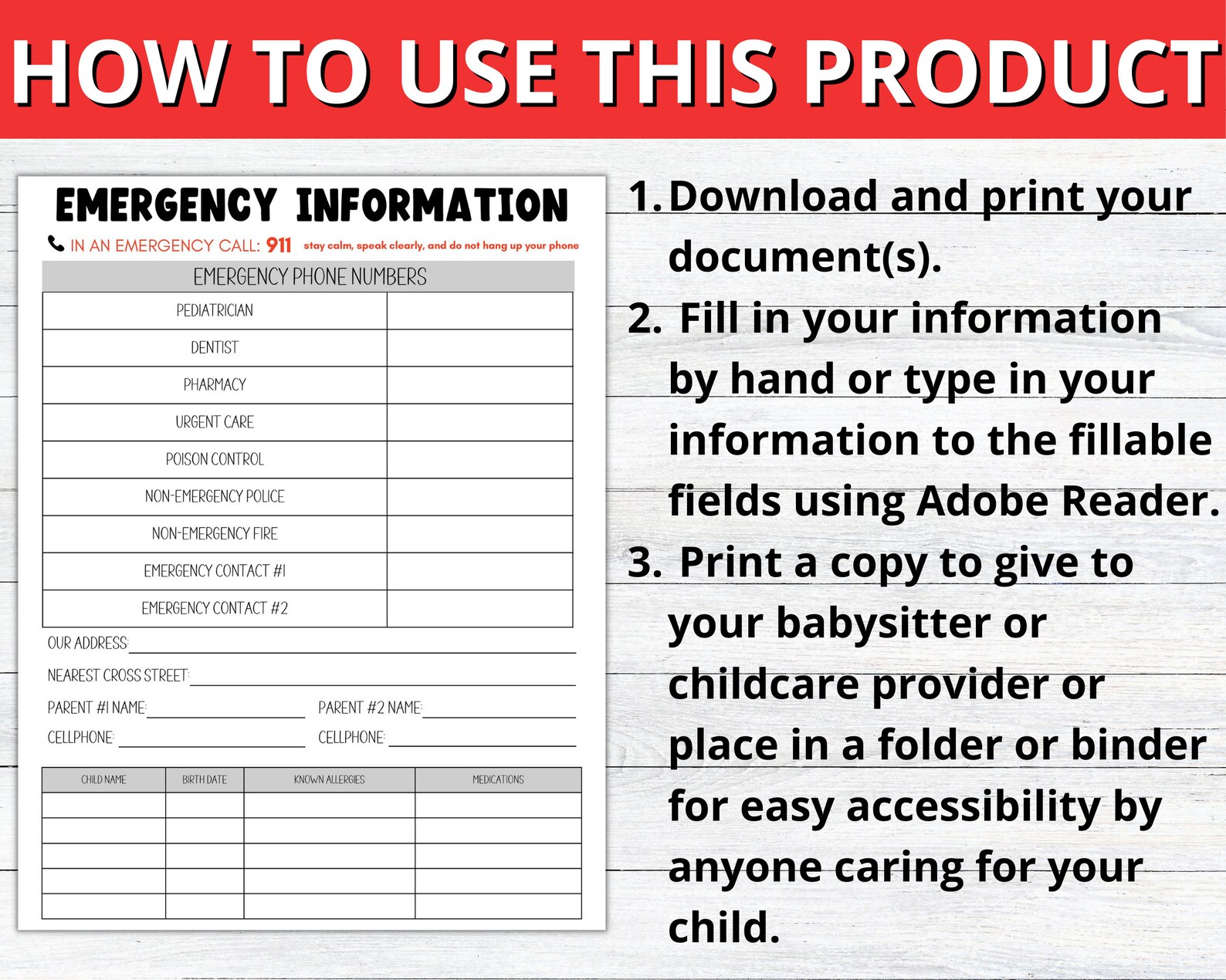 Child Care Emergency Contact Information Sheet Incase of - Etsy