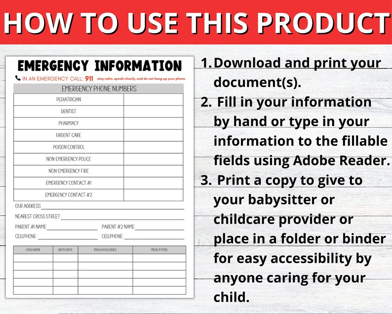 Child Care Emergency Contact Information Sheet, Incase of Emergency ...