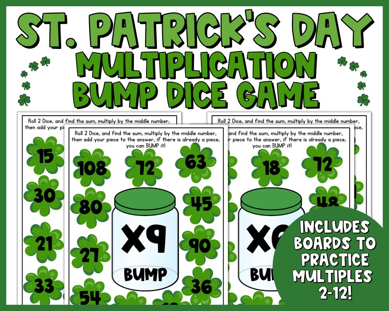 St. Patrick's Day Multiplication Bump Game, St. Patrick's Classroom ...