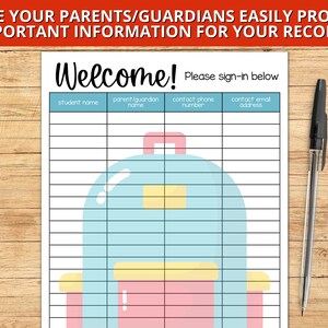 Back to School Open House Sign in Sheet, Classroom Sign in Sheet ...