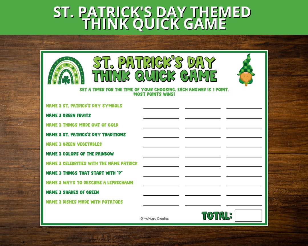 St. Patrick's Day Themed Think Quick Game, St. Patrick's Day Trivia ...
