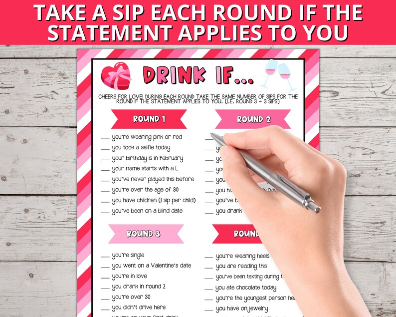 Valentine's Day Drink If Game, Adult Galentine's Day Drinking Game ...