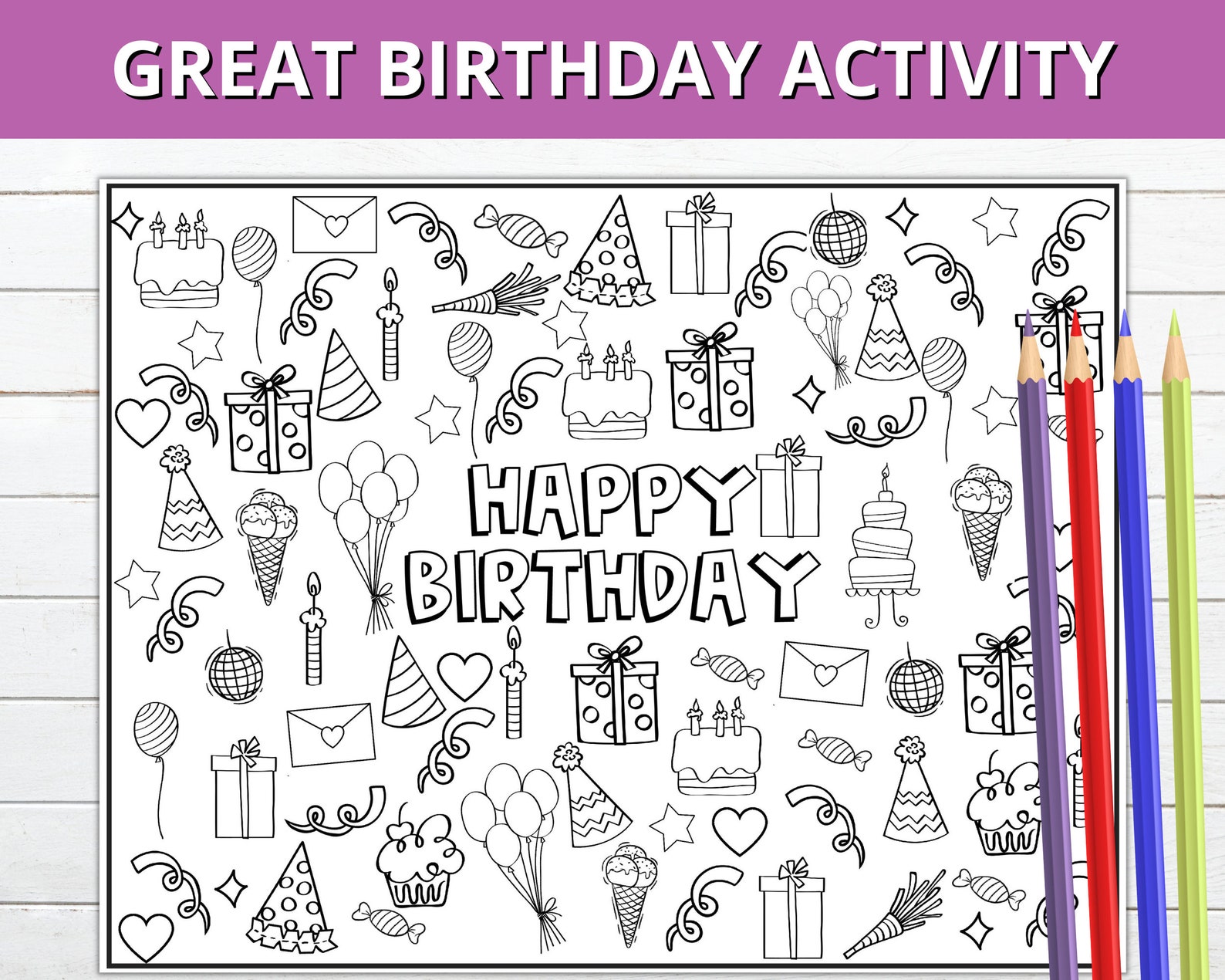 Birthday Doodles Coloring Page, Happy Birthday Coloring Sheet ...