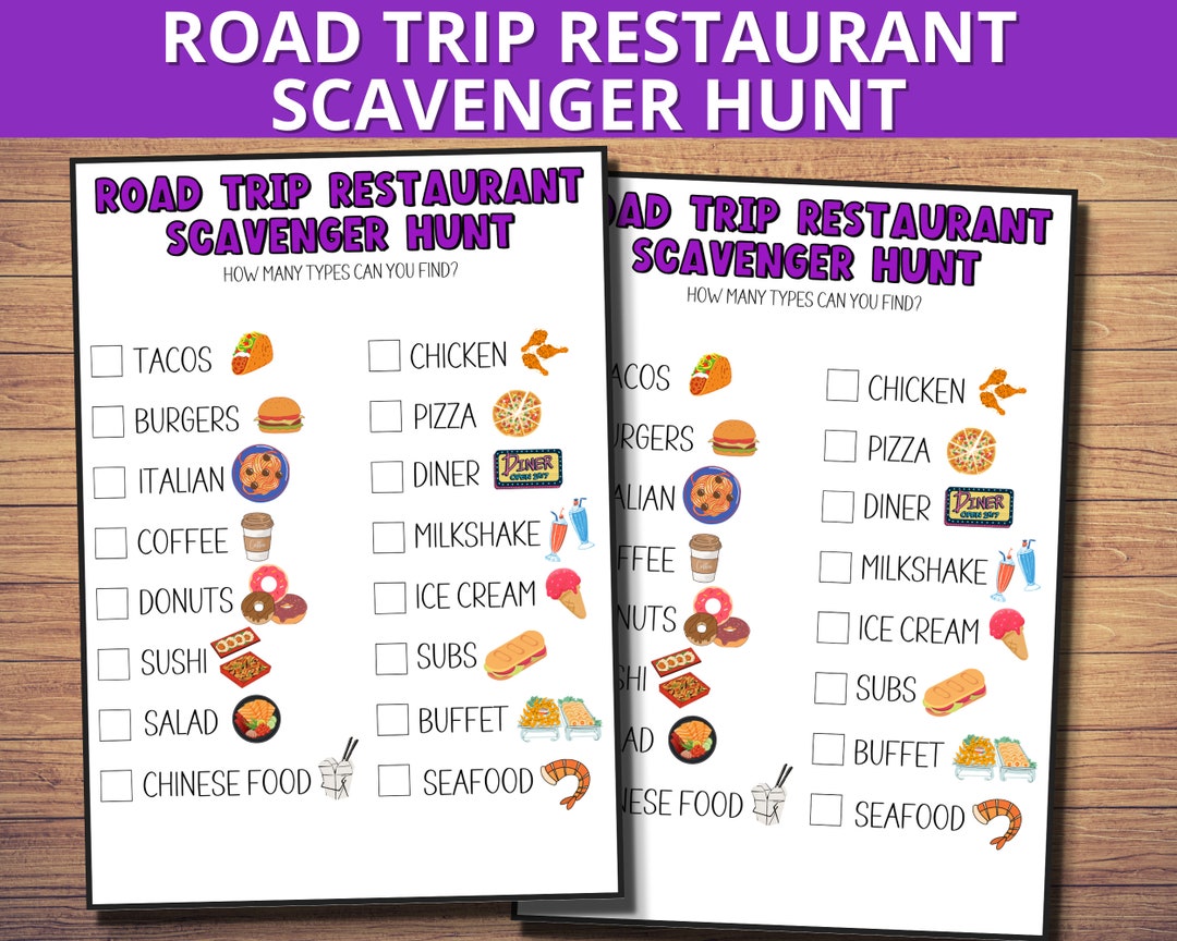 Road Trip Scavenger Hunt, Restaurant Scavenger Hunt Printable for Kids ...