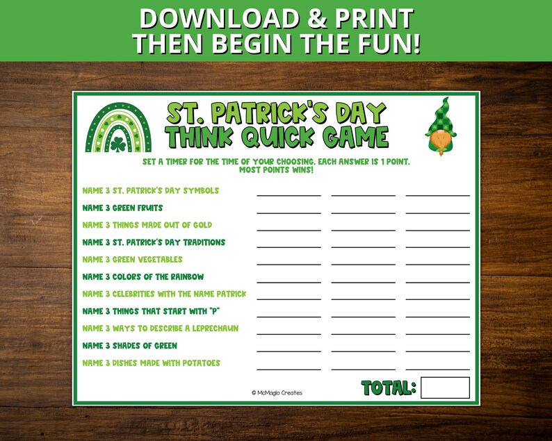 St. Patrick's Day Themed Think Quick Game, St. Patrick's Day Trivia ...