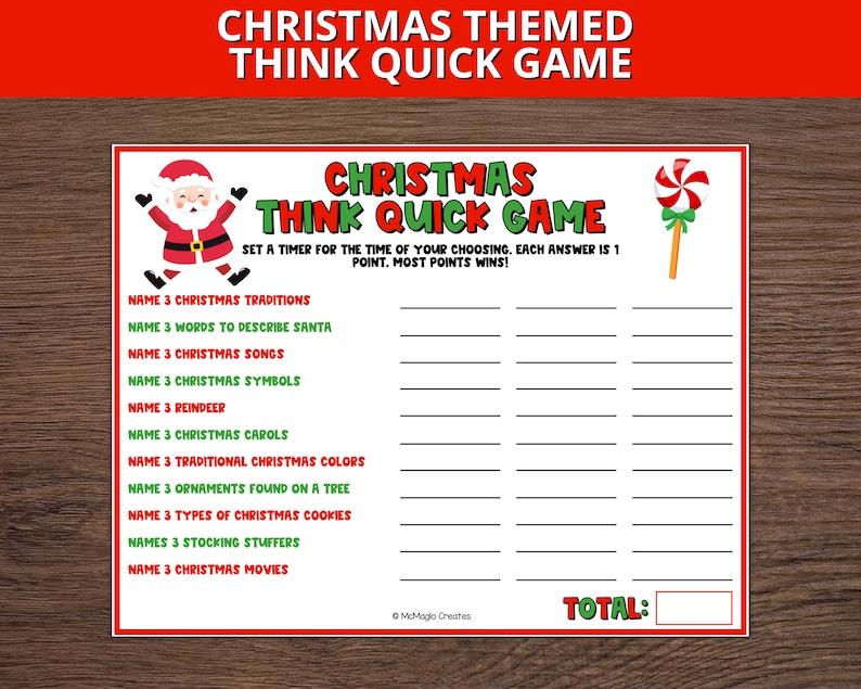 Christmas Themed Think Quick Game, Christmas Trivia Game, Holiday Party ...