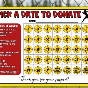 Softball Calendar Fundraiser, Pick a Date to Donate Printable, Softball ...