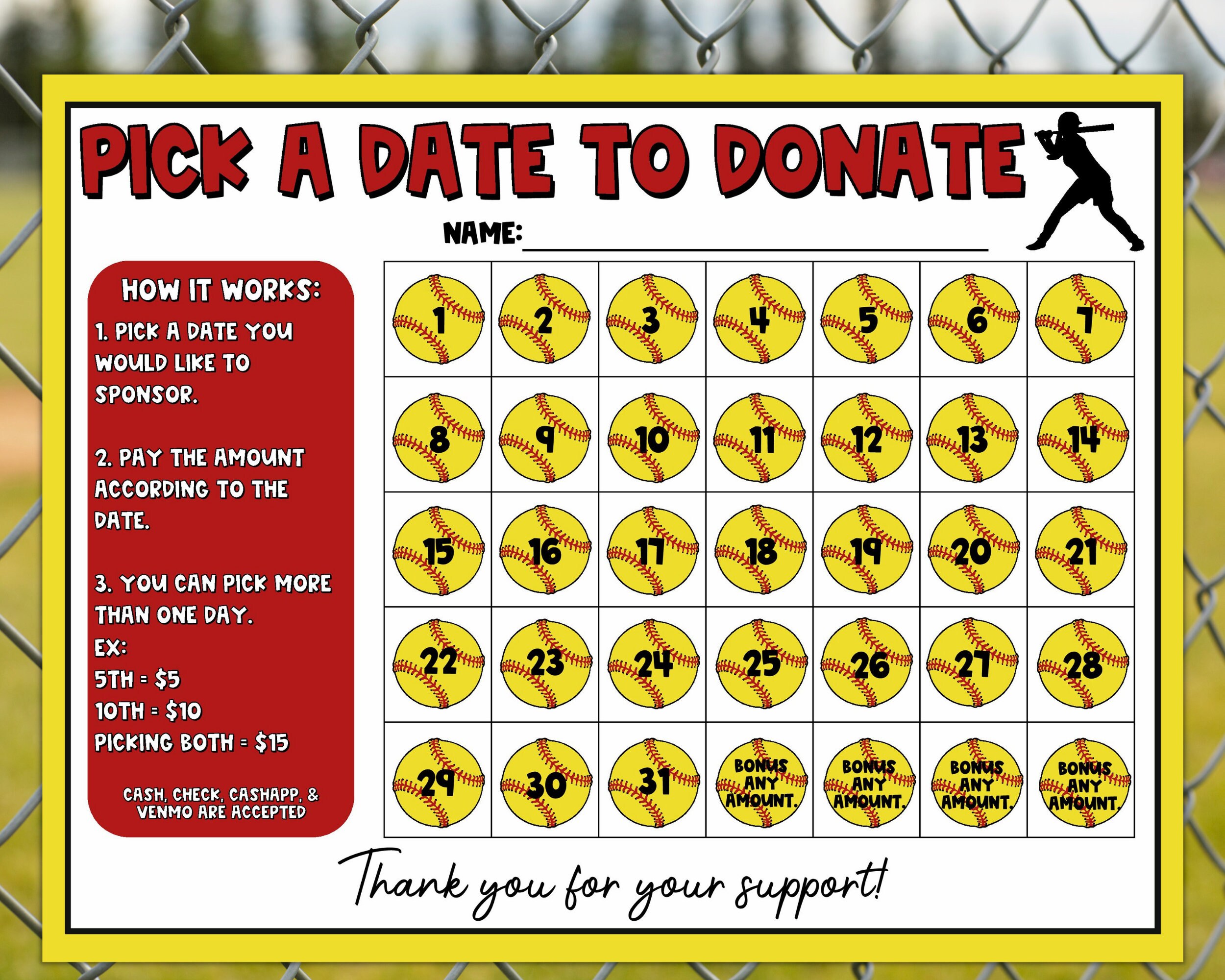 Softball Calendar Fundraiser Pick A Date To Donate Printable Etsy
