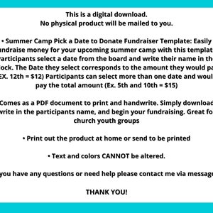 Summer Camp Calendar Fundraiser, Pick a Date to Donate Printable ...