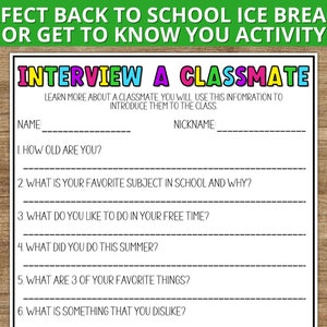 Back to School Interview a Classmate Activity First Day of - Etsy