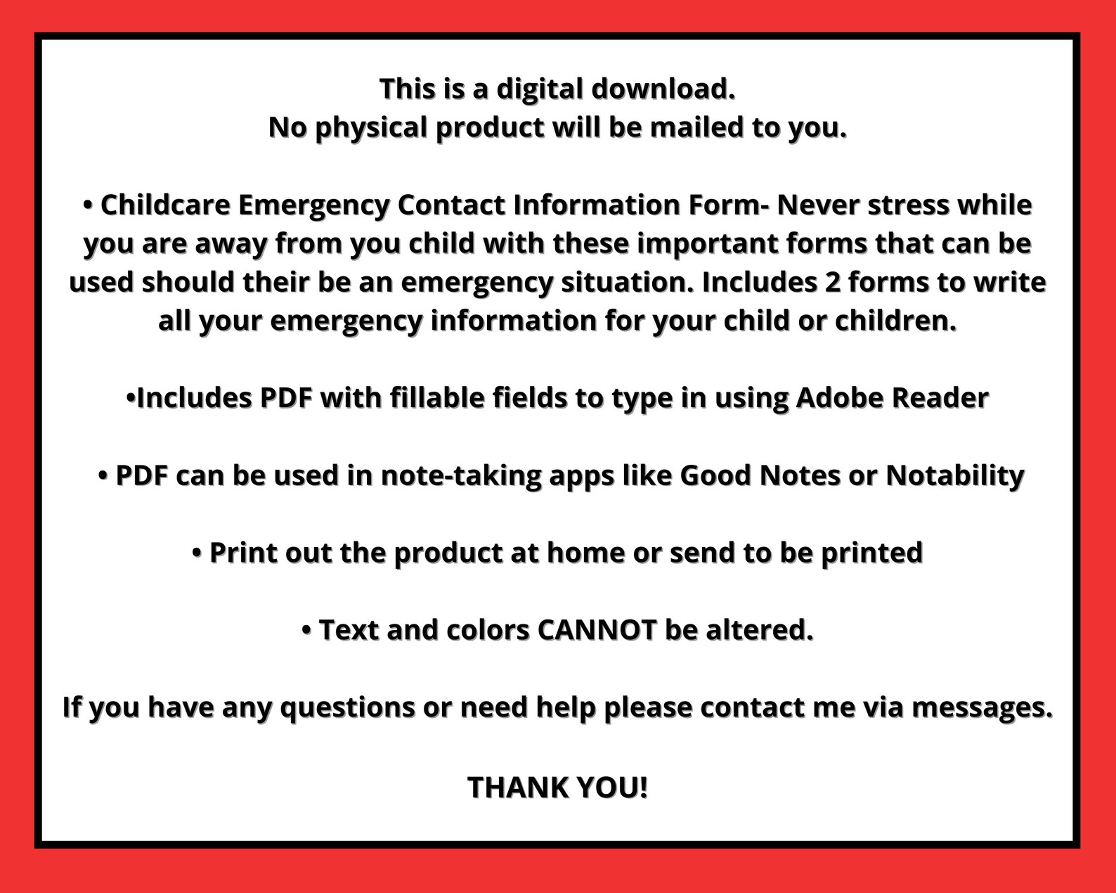 Child Care Emergency Contact Information Sheet Incase of - Etsy