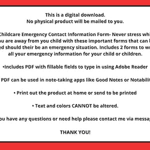 Child Care Emergency Contact Information Sheet, Incase of Emergency ...