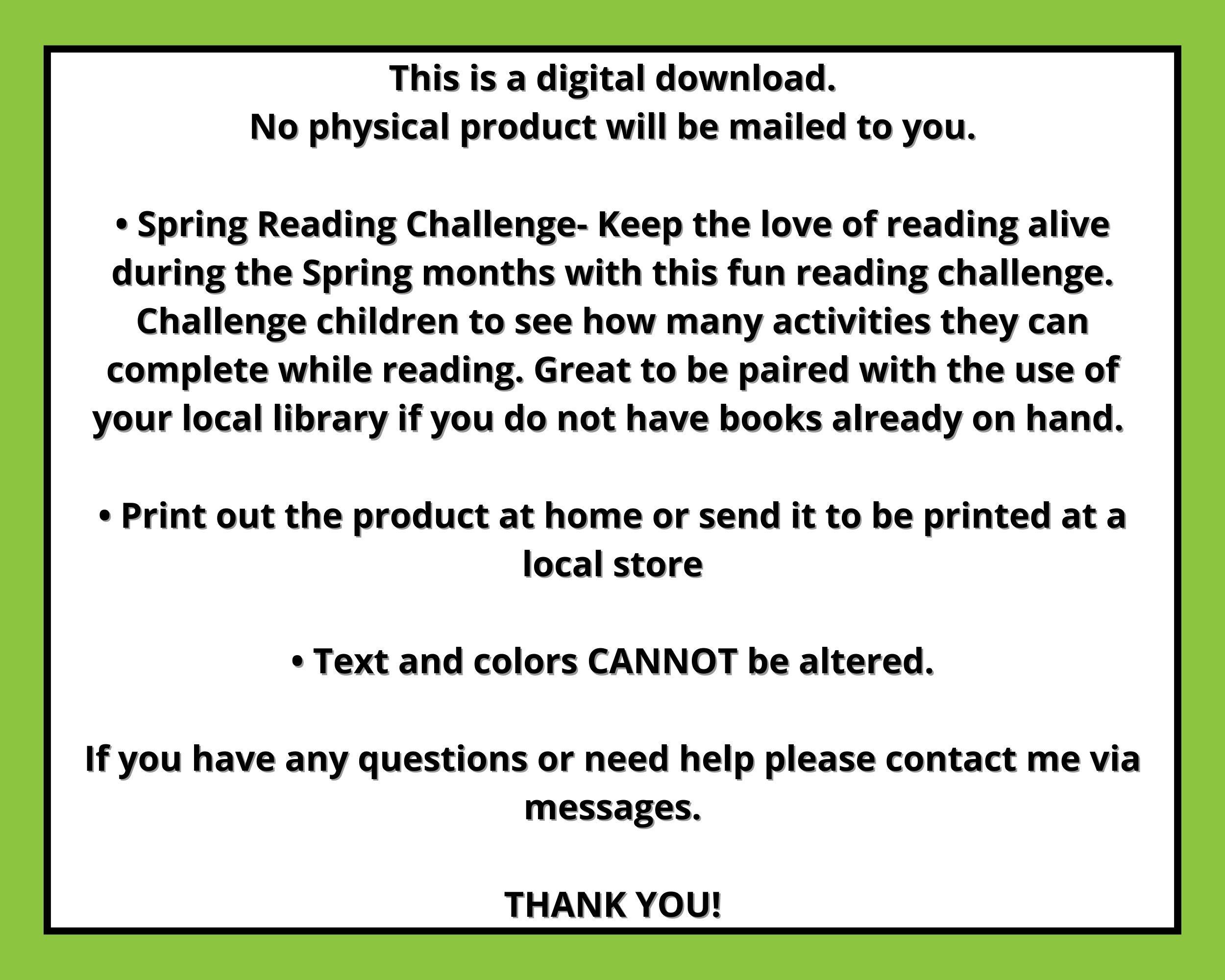 Spring Reading Challenge for Kids, Reading Printable Activities, Kids ...