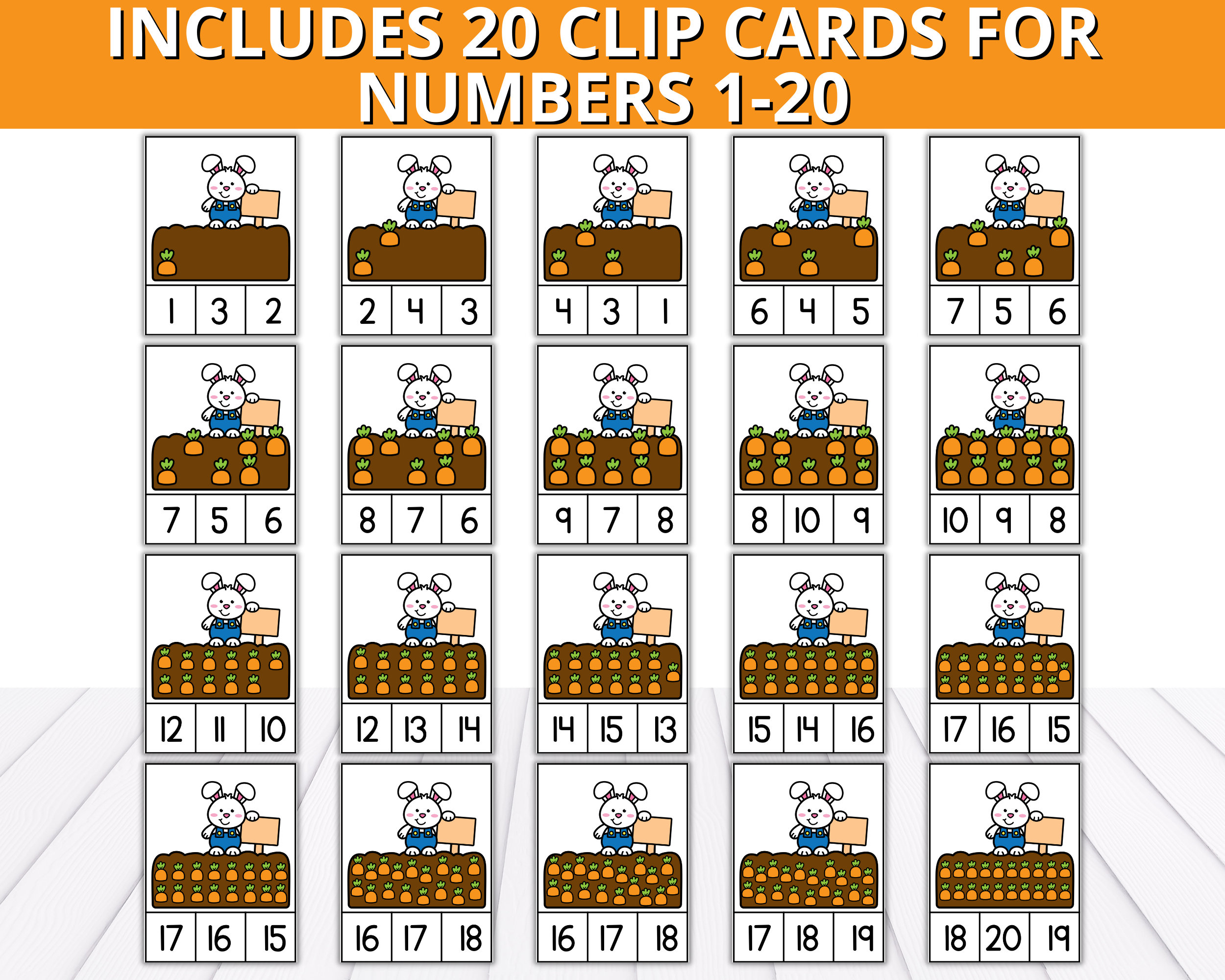 Carrot Themed Clip and Count Cards (1-20) With Worksheets Version ...