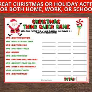 Christmas Themed Think Quick Game, Christmas Trivia Game, Holiday Party ...