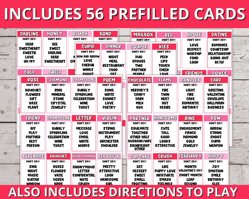 Valentines Day Themed Taboo Game Cards Valentines Etsy