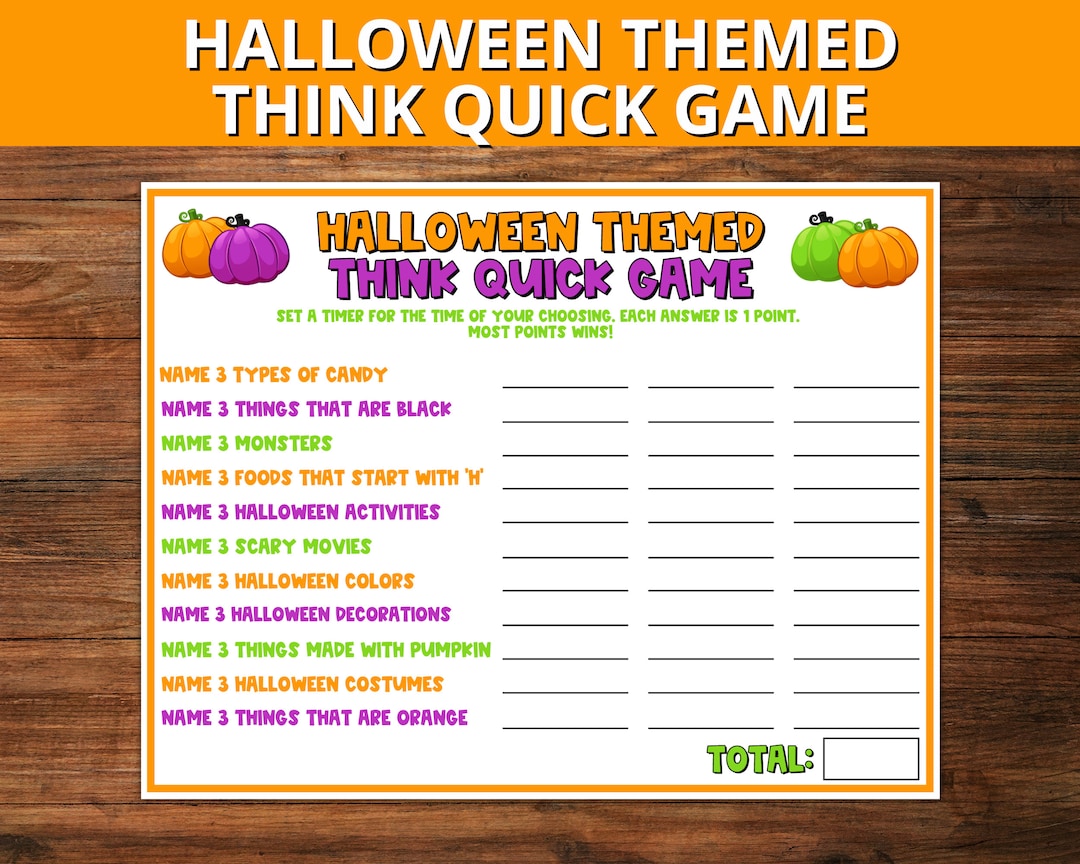 Halloween Themed Think Quick Game, Halloween Trivia Game, Printable ...