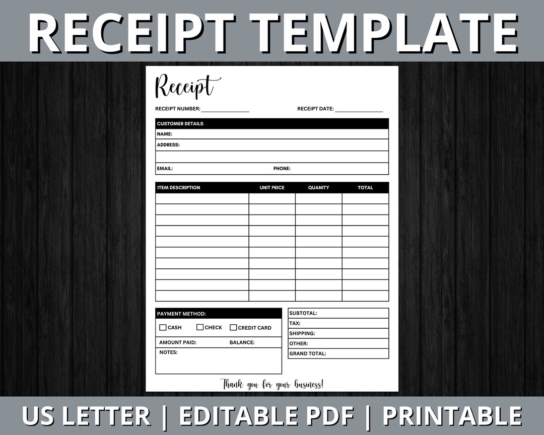Editable Receipt Template, Customer Receipt Template, Order Receipt ...