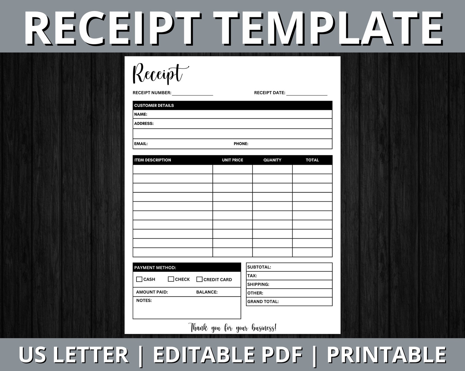 Editable Receipt Template, Customer Receipt Template, Order Receipt ...