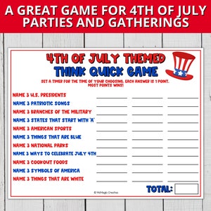 Fourth of July Themed Think Quick Game, Fourth of July Trivia Game ...