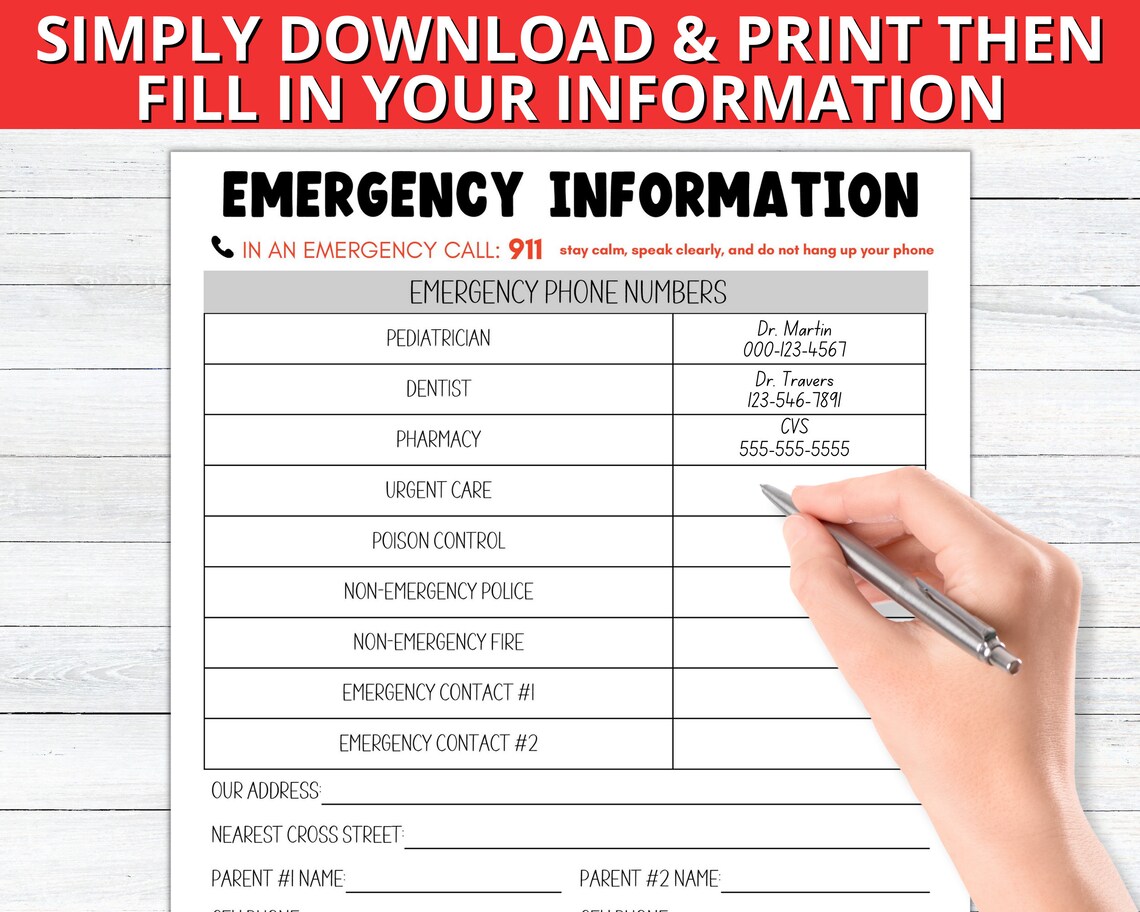 Child Care Emergency Contact Information Sheet Incase of - Etsy