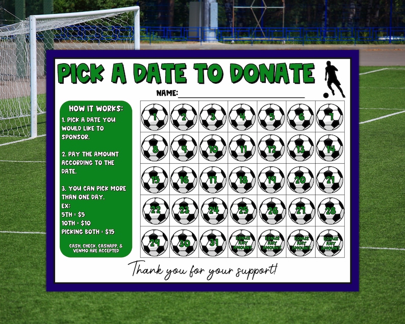 Soccer Calendar Fundraiser, Pick a Date to Donate Printable, Soccer ...