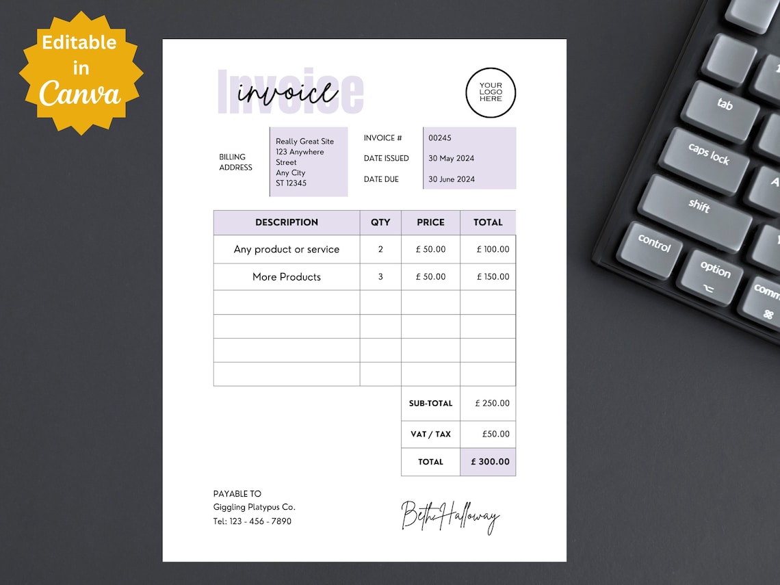Editable Invoice Template, Invoice Template Canva, Invoice Template Pdf ...