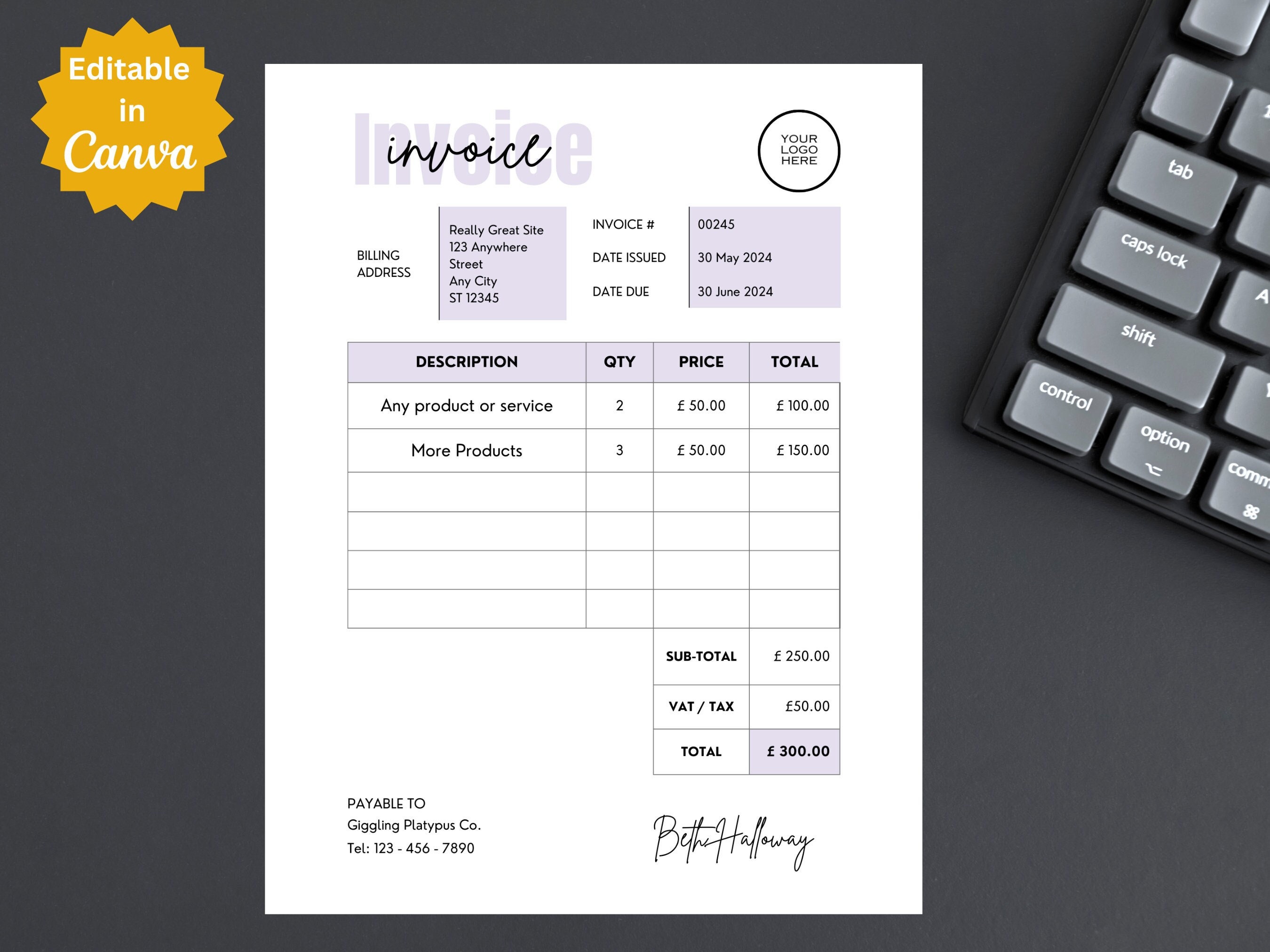 Editable Invoice Template, Invoice Template Canva, Invoice Template Pdf ...