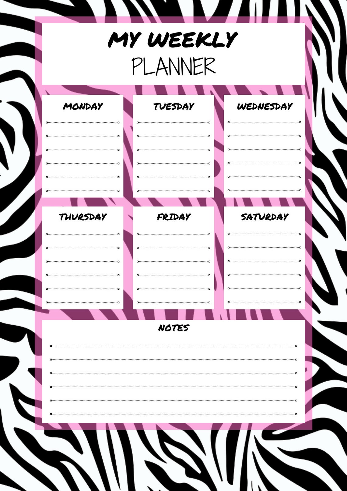 Zebra Print Weekly Planner, Instant Download, Weekly Schedule, Digital ...