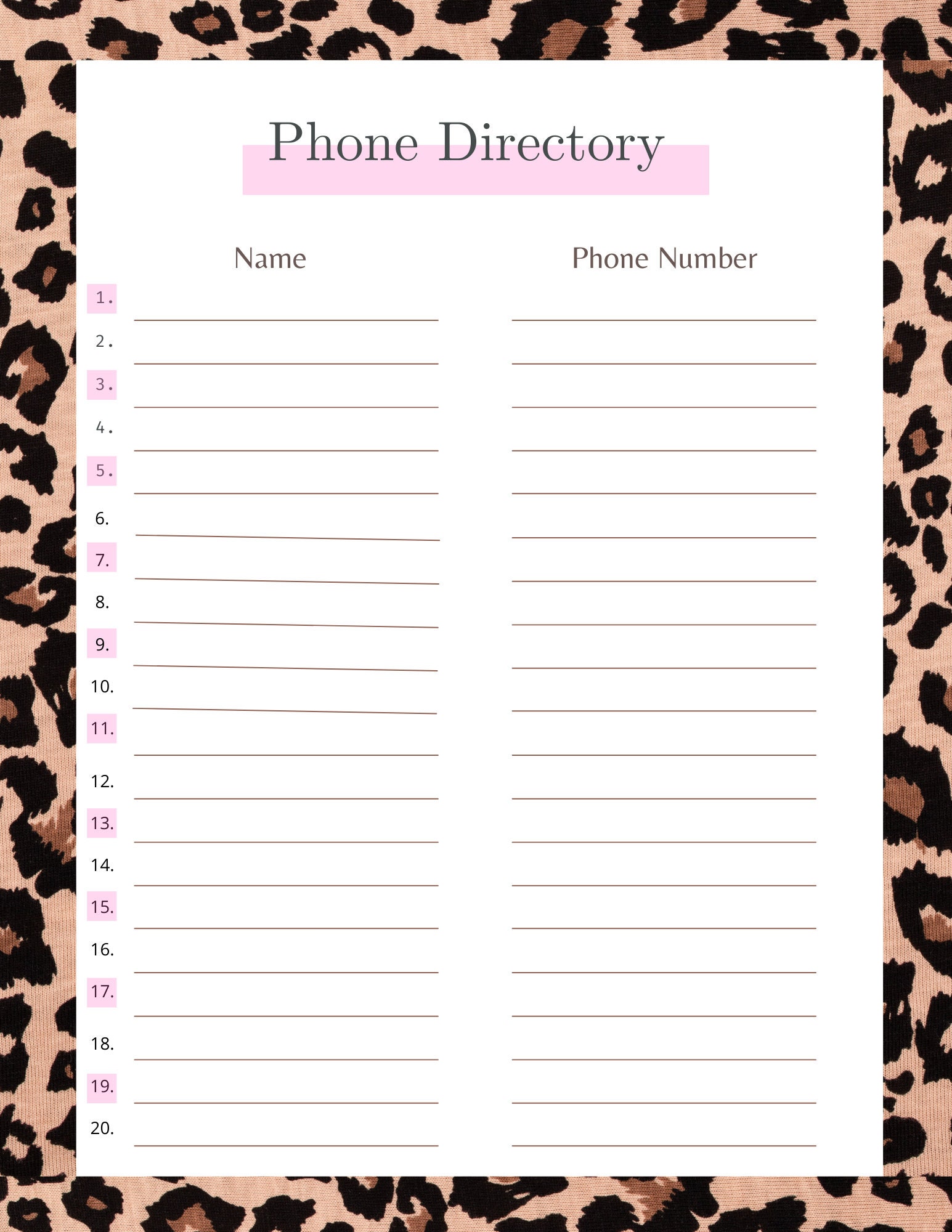 Printable Leopard Phone Directory, Digital Phone Directory ...