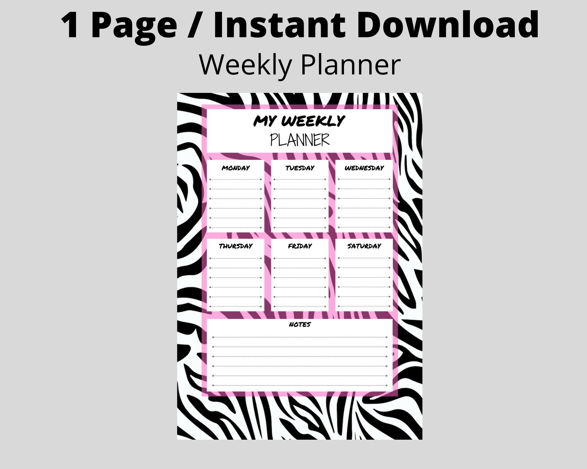 Zebra Print Weekly Planner, Instant Download, Weekly Schedule, Digital ...