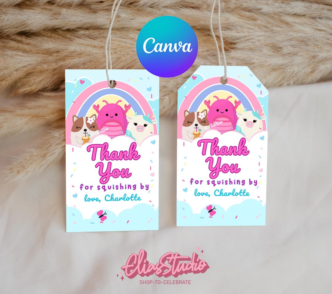 Editable Squishmallow Birthday Thank You Tags, Squishy Favor Tags ...